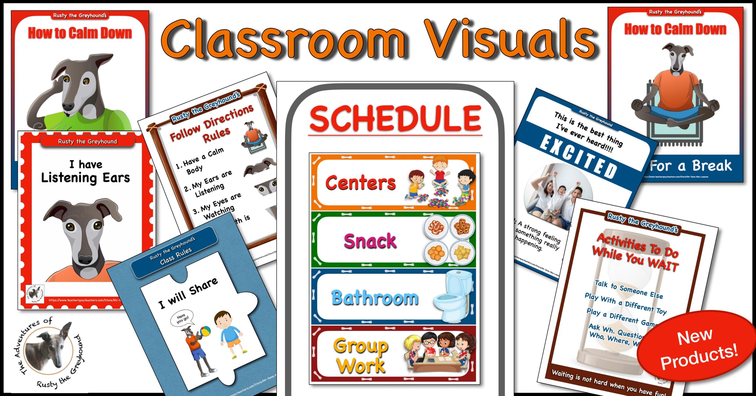 Classroom Visual Bundle PBIS, SEL - Rusty the Greyhound, PBIS, ABA, Stories